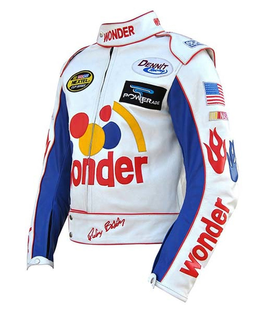 Wonder White Motorcycle Racing Leather Jacket, Ricky Bobby Patches Bik – Musheditions