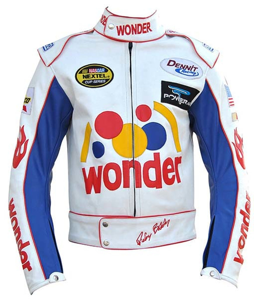 Wonder White Motorcycle Racing Leather Jacket, Ricky Bobby Patches Bik ...