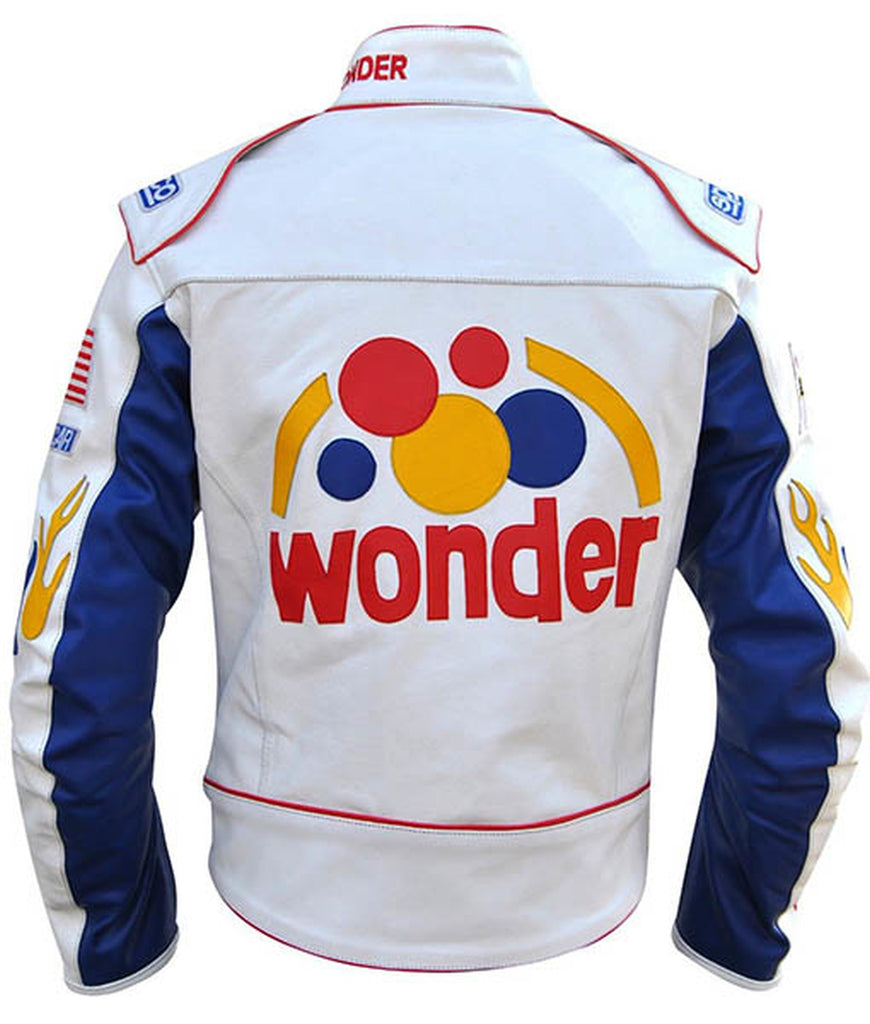 Wonder White Motorcycle Racing Leather Jacket, Ricky Bobby Patches Bik ...